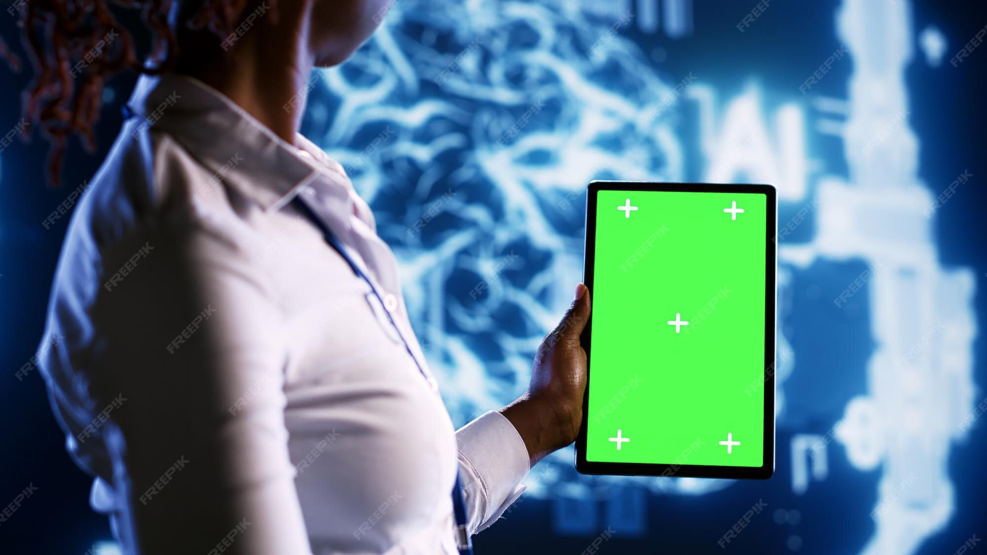 Premium Photo | Admin in data center with green screen tablet using artificial intelligence ...