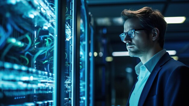 Administrator working in server farm cloud computing facility with ... Administrator working in server farm cloud computing facility with ...