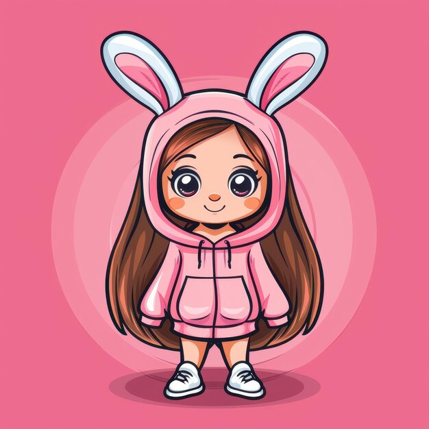 Adorable Manga Chibi Character Design Of A Happy Girl In A Pink Hoodie