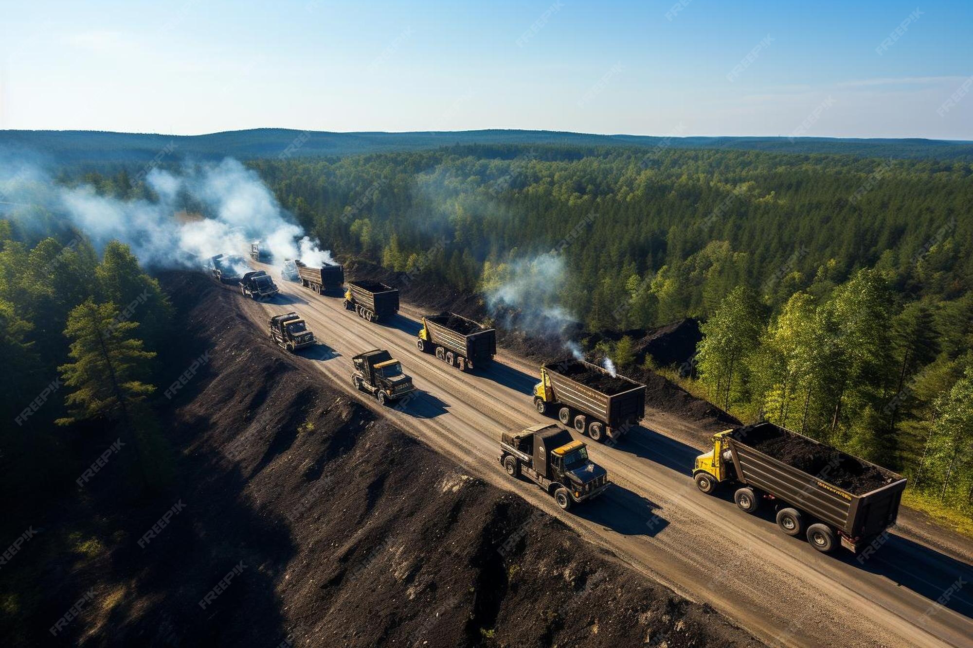 Premium Photo | Aerial view of a dump truck convoy on a winding road ... Premium Photo | Aerial view of a dump truck convoy on a winding road ...