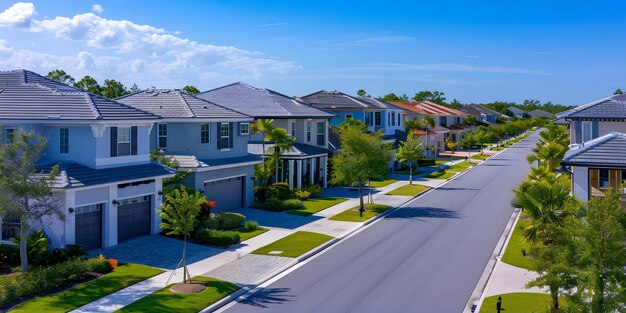 Aerial view of upscale neighborhood with luxury homes and blue sky ... Aerial view of upscale neighborhood with luxury homes and blue sky ...