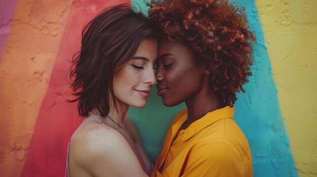 Affectionate transgender couple embracing against a colorful background ... Affectionate transgender couple embracing against a colorful background ...