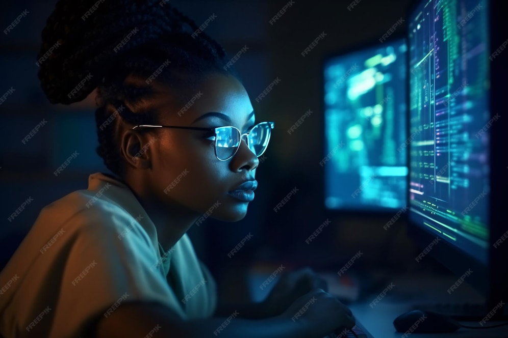 African American Black woman coder programmer using computer for coding screen with code lines ...