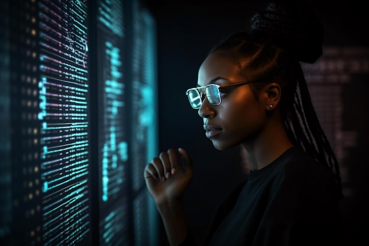 Premium Ai Image African American Black Woman Coder Programmer Using
