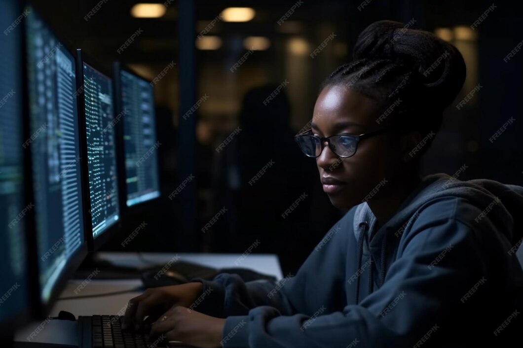 Premium Photo | African American Black woman coder programmer using computer for coding screen ...