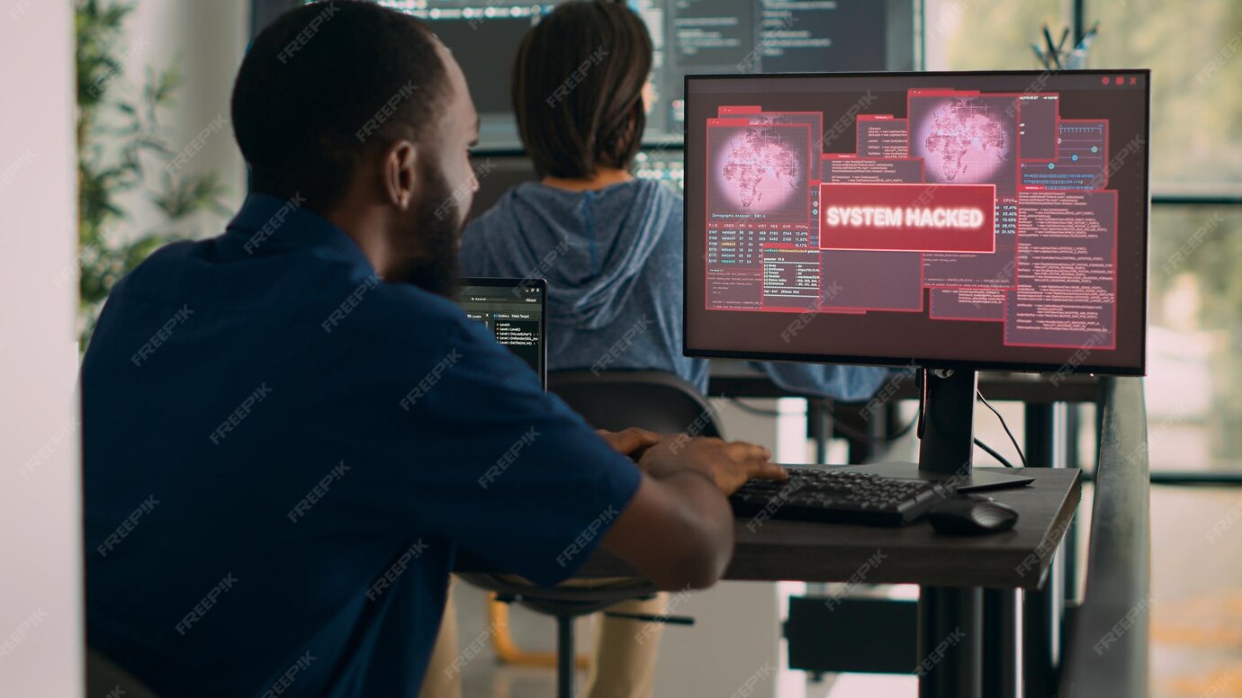 Premium Photo | African american it engineer writing code encountering hacking alert on computer ...