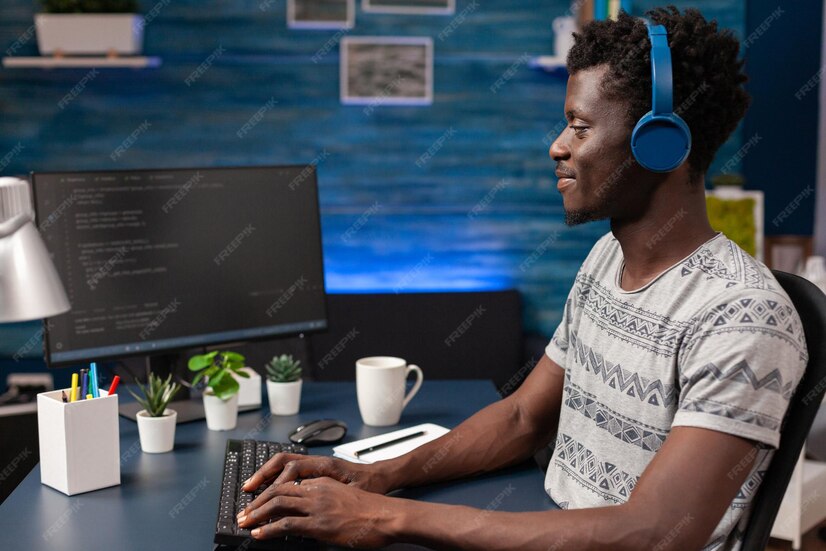 Premium Photo | African american programmer with headphones writing program code on computer ...