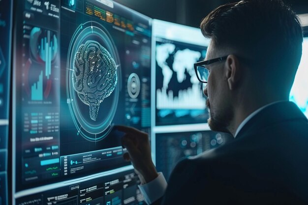 AI Artificial Intelligence Business man using AI technology for data analysis coding computer ...