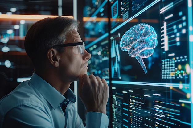 AI Artificial Intelligence Business man using AI technology for data analysis coding computer ...