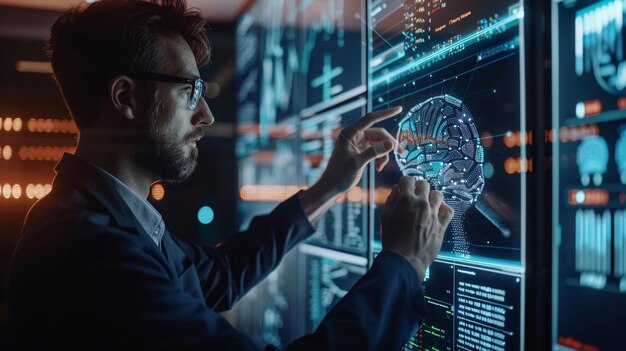 AI Artificial Intelligence Business man using AI technology for data analysis coding computer ...