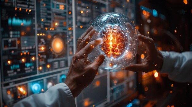 AI Artificial Intelligence A businessman using AI technology for data analysis programming with ...