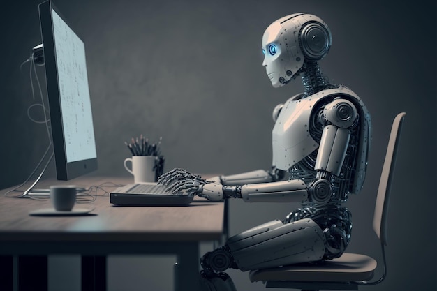 Premium Photo | AI chatbot robot sitting at desk using computer. Premium Photo | AI chatbot robot sitting at desk using computer.