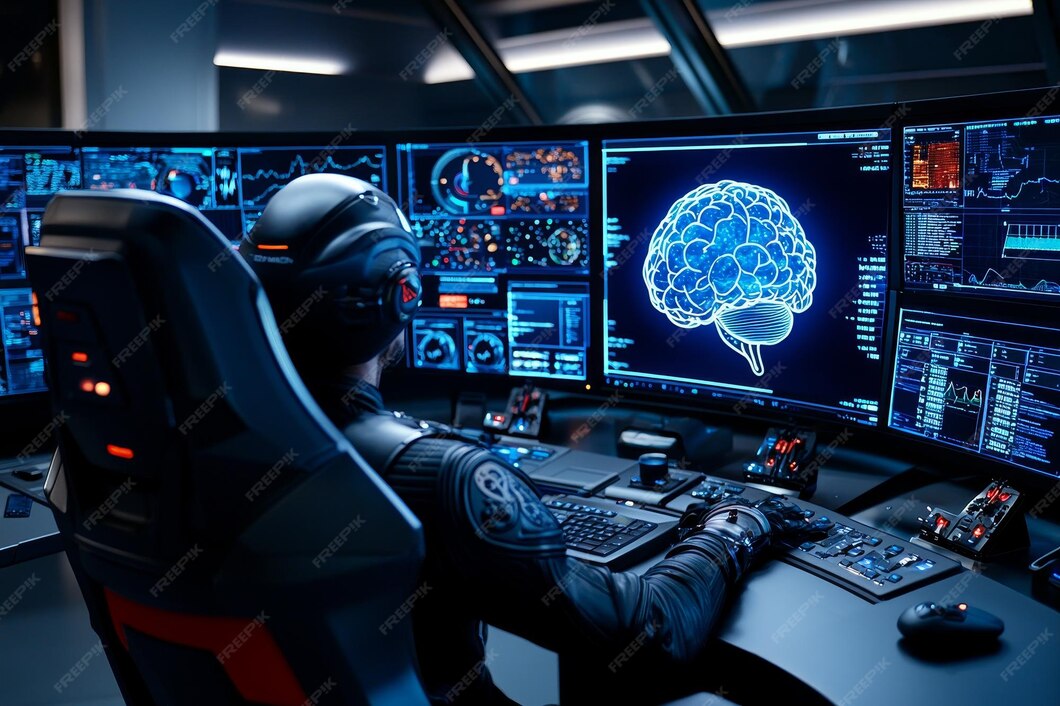 AI Command Center An imaginative control room filled with screens displaying neural network ...