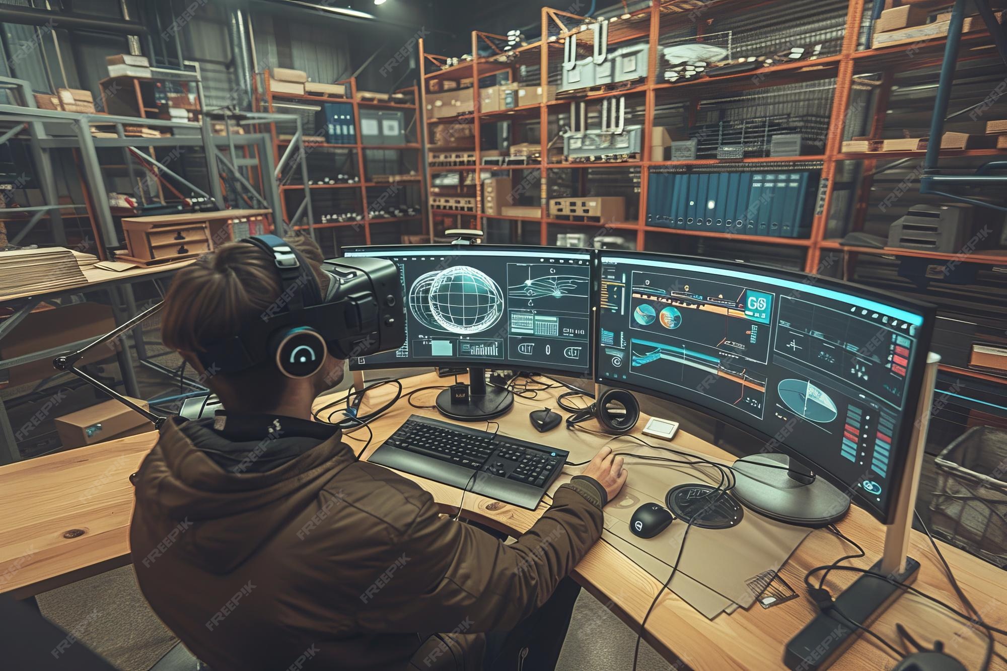 AI developer working on complex algorithms in a tech lab with multiple screens and high tech ...