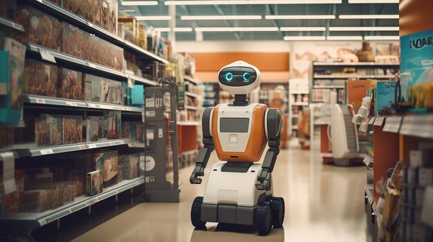 Premium Photo | An AI driven robot in a hardware store advising customer Premium Photo | An AI driven robot in a hardware store advising customer