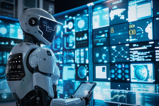 An Ai Robot Stands In Front Of A Wall Of Screens Displaying Data Imagine A Visualization Of