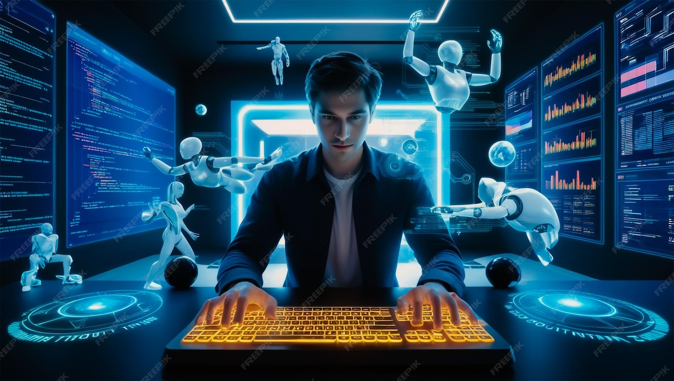 Ai robotic engineering development with programmer coding | Premium AI-generated image