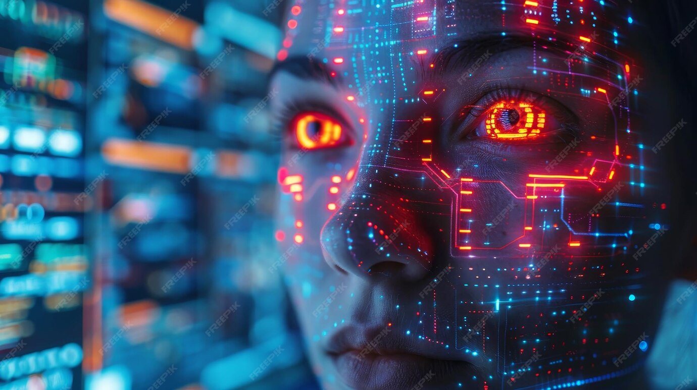 Premium Photo | AI software development concept Robot head on desk of ...