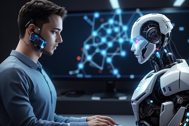 Ai 기술 인공지능 인간이 기술을 사용하는 똑똑한 로 ⁇ 인공지능 인공지능은 명령 프롬프트를 입력하여 무언가를 생성합니다 미래 기술 변형 인공지능과 채팅하십시오 프리미엄 사진