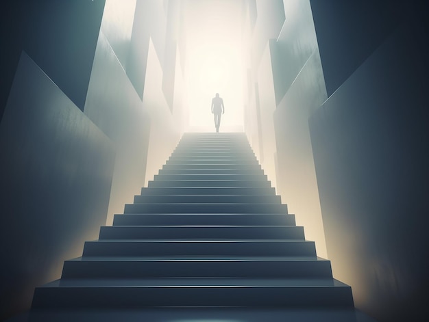 Ambitious Businessman Climbing Stairs Towards Success In The Bright Sun