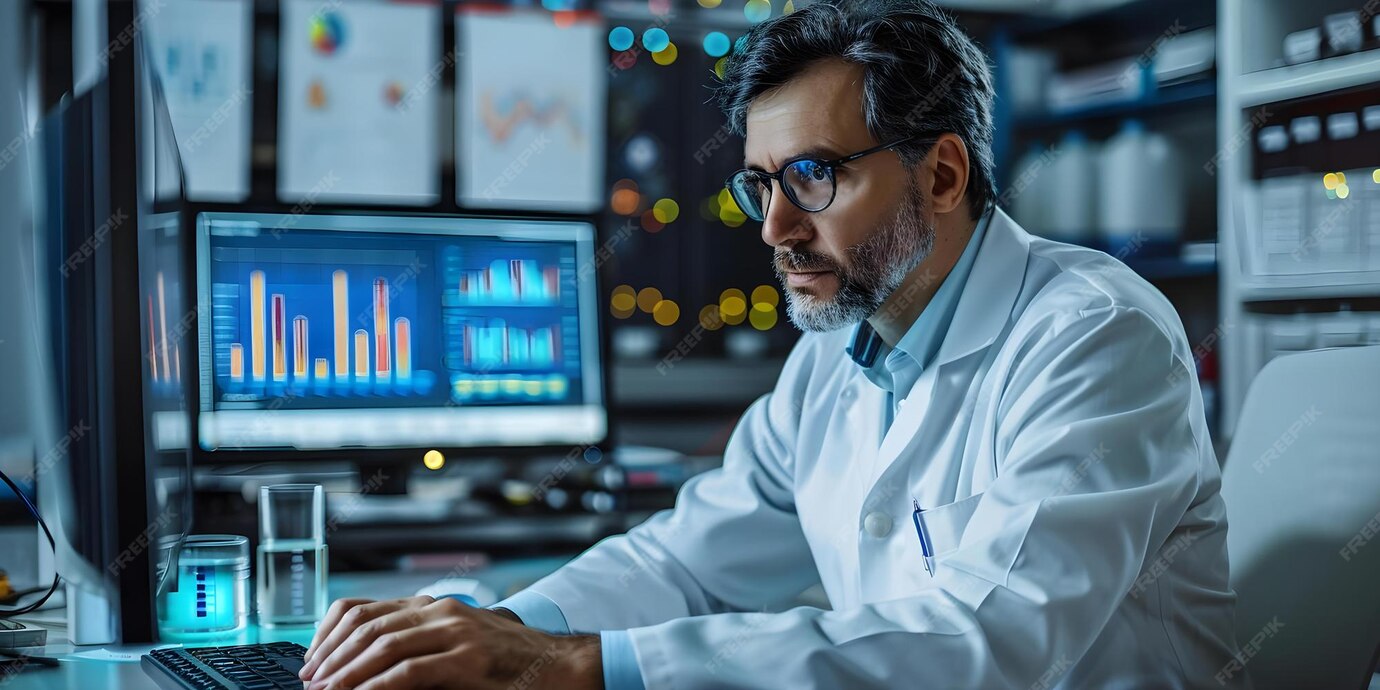 Premium Photo | Analyzing data on computer in lab Scientist surrounded ...