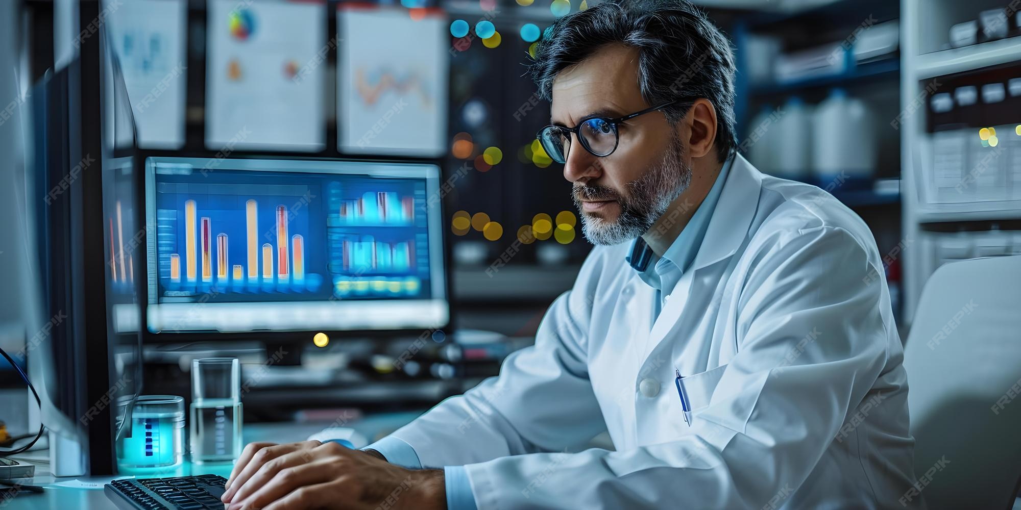 Premium Photo | Analyzing data on computer in lab Scientist surrounded ...