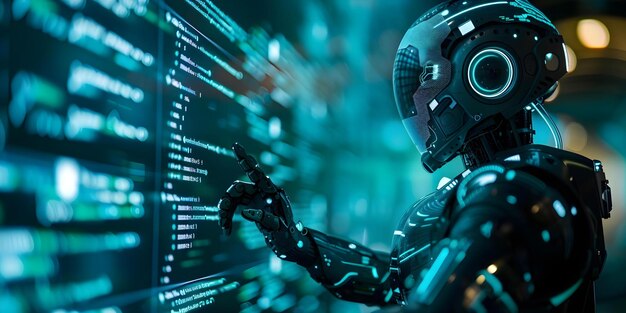 Android robot pointing finger in futuristic digital world with computer coding Concept Android ...