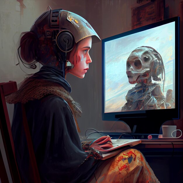 Premium AI Image | Android robot reads text on a tablet AI generaited Premium AI Image | Android robot reads text on a tablet AI generaited