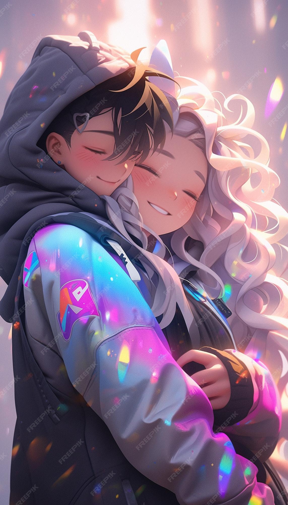 Premium Photo Anime Couple Hugging Each Other With Confetti Falling Around Them Generative Ai