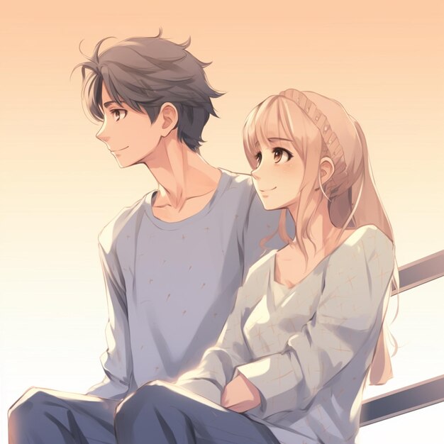Premium Photo Anime Couple Sitting On A Bench Looking At Each Other Generative Ai