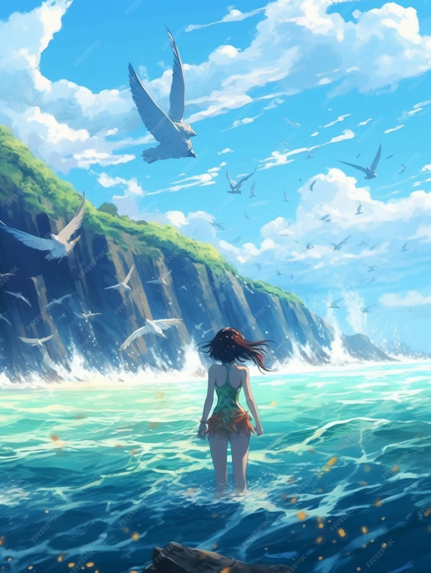 Premium Photo Anime Girl In A Bikini Standing In The Ocean With Birds Flying Overhead