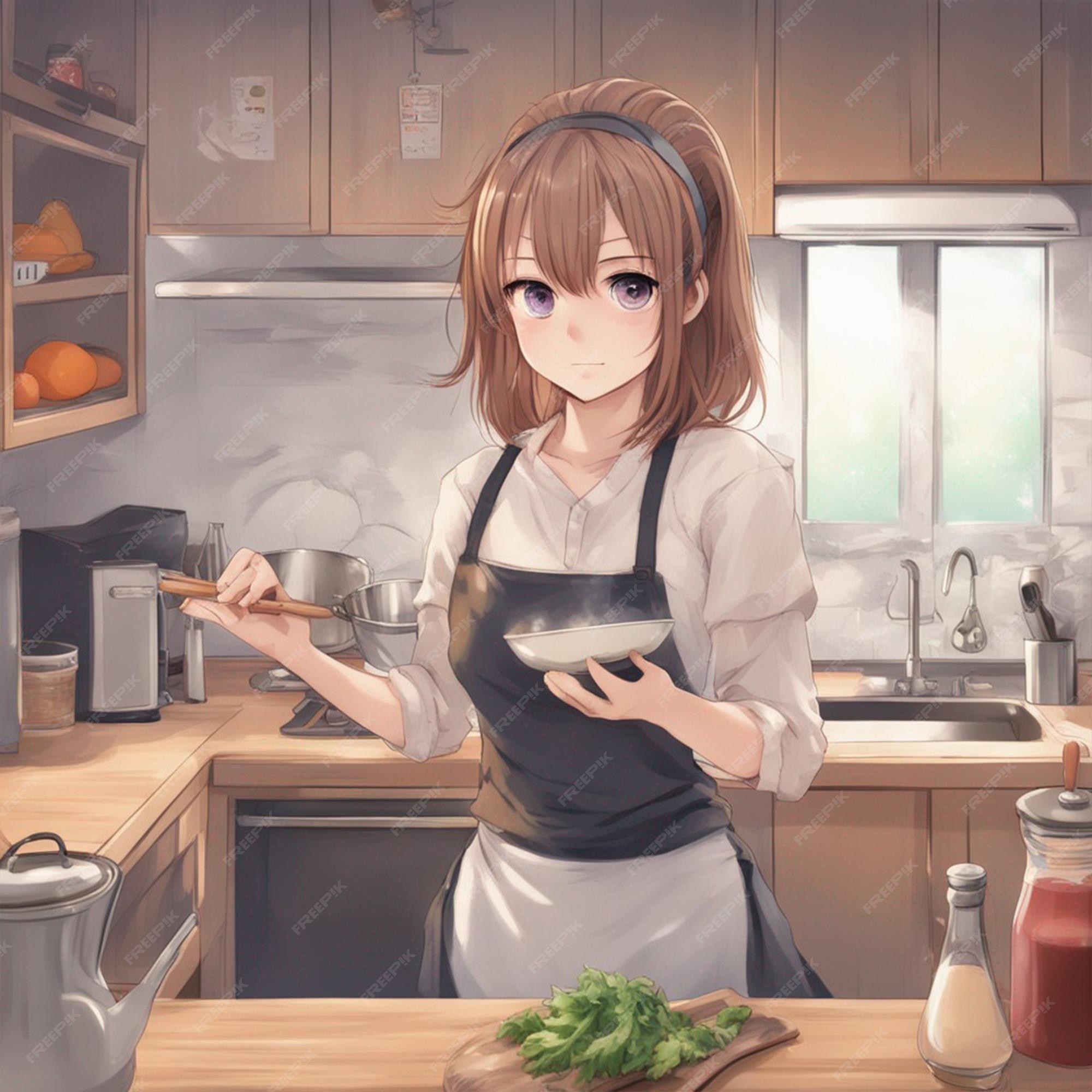 Premium Ai Image Anime Girl Cooking In The Kitchen Wallpaper