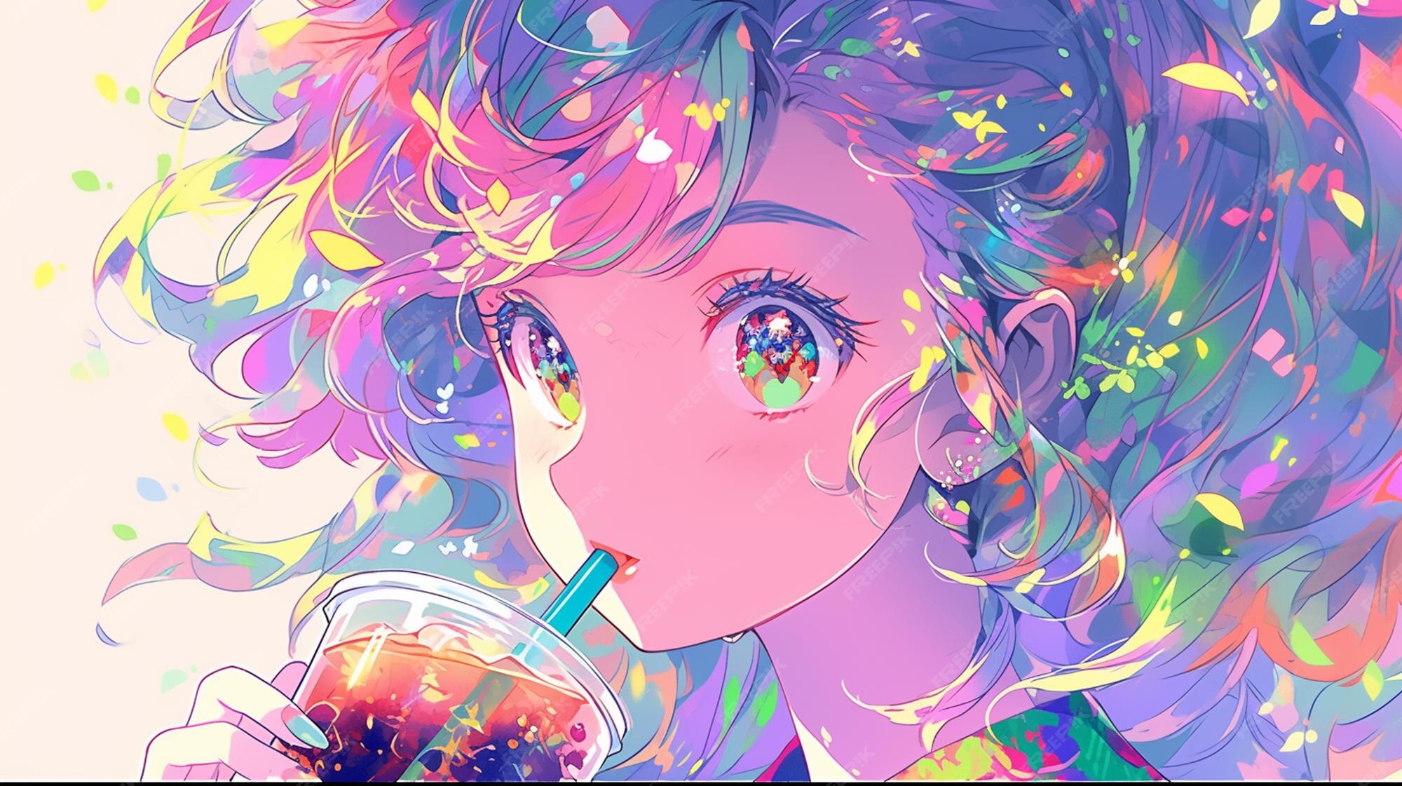 Premium Photo Anime Girl Drinking A Drink With A Straw In Her Mouth Generative Ai
