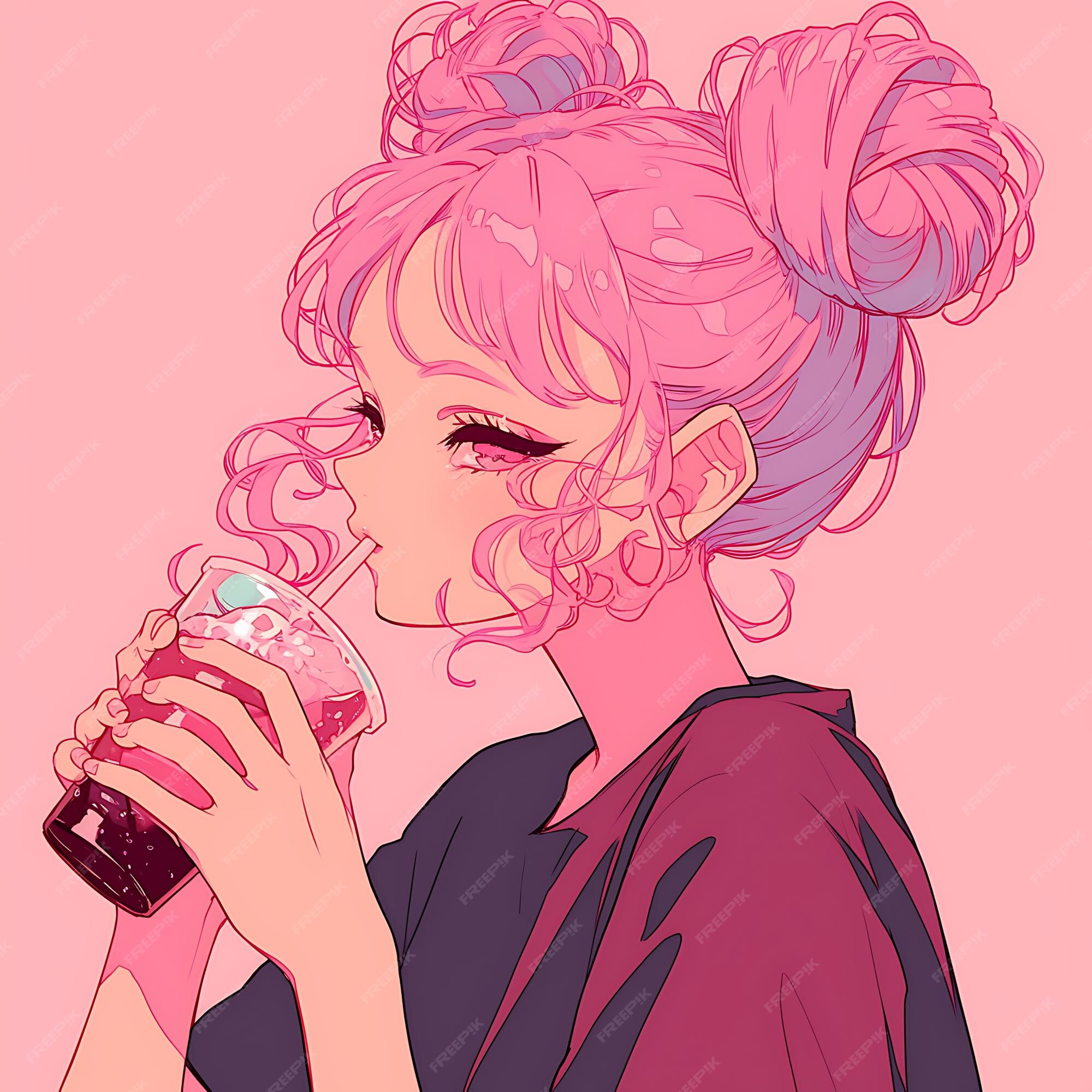 Anime Girl Drinking A Soda From A Glass With Pink Hair Premium Ai Generated Image