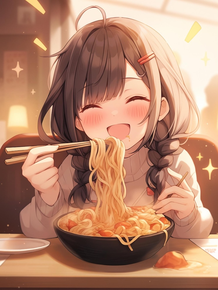 Premium Ai Image Anime Girl Eating Noodles With Chopsticks At A Table Generative Ai