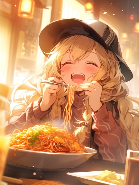 Premium Ai Image Anime Girl Eating Spaghetti With A Fork And A Glass Of Beer Generative Ai