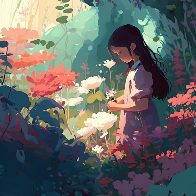 Premium Ai Image Anime Girl In A Garden With Flowers And Plants Generative Ai