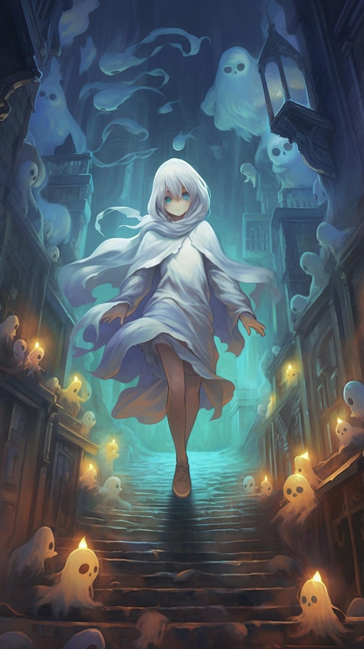 Premium Ai Image Anime Girl In A Ghost Costume Walking Down A Set Of Stairs Generative Ai