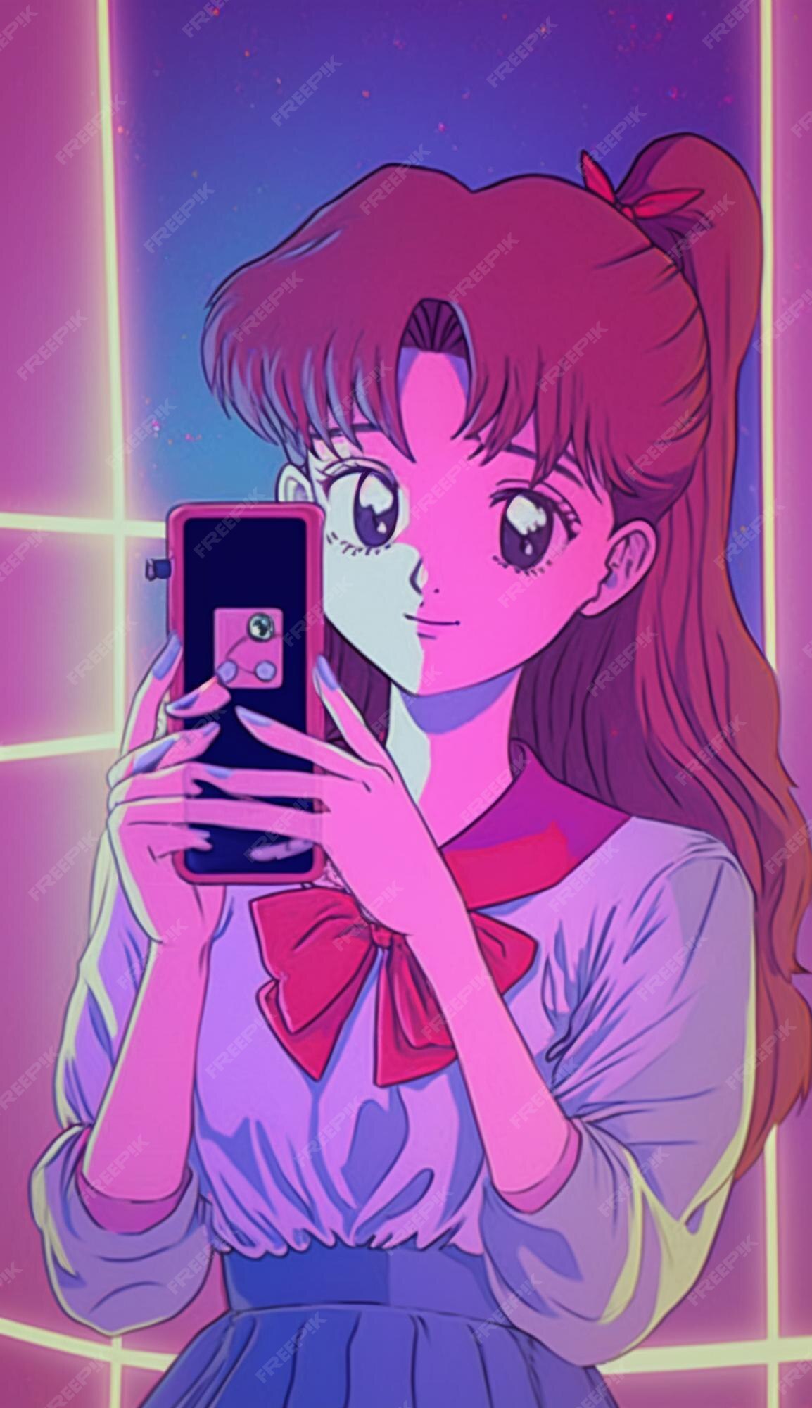Premium Ai Image Anime Girl Holding A Cell Phone In Front Of A Neon Background Generative Ai