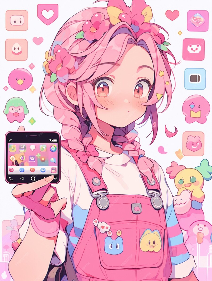 Premium Photo Anime Girl Holding Up A Cell Phone With A Lot Of Emoticions On It Generative Ai