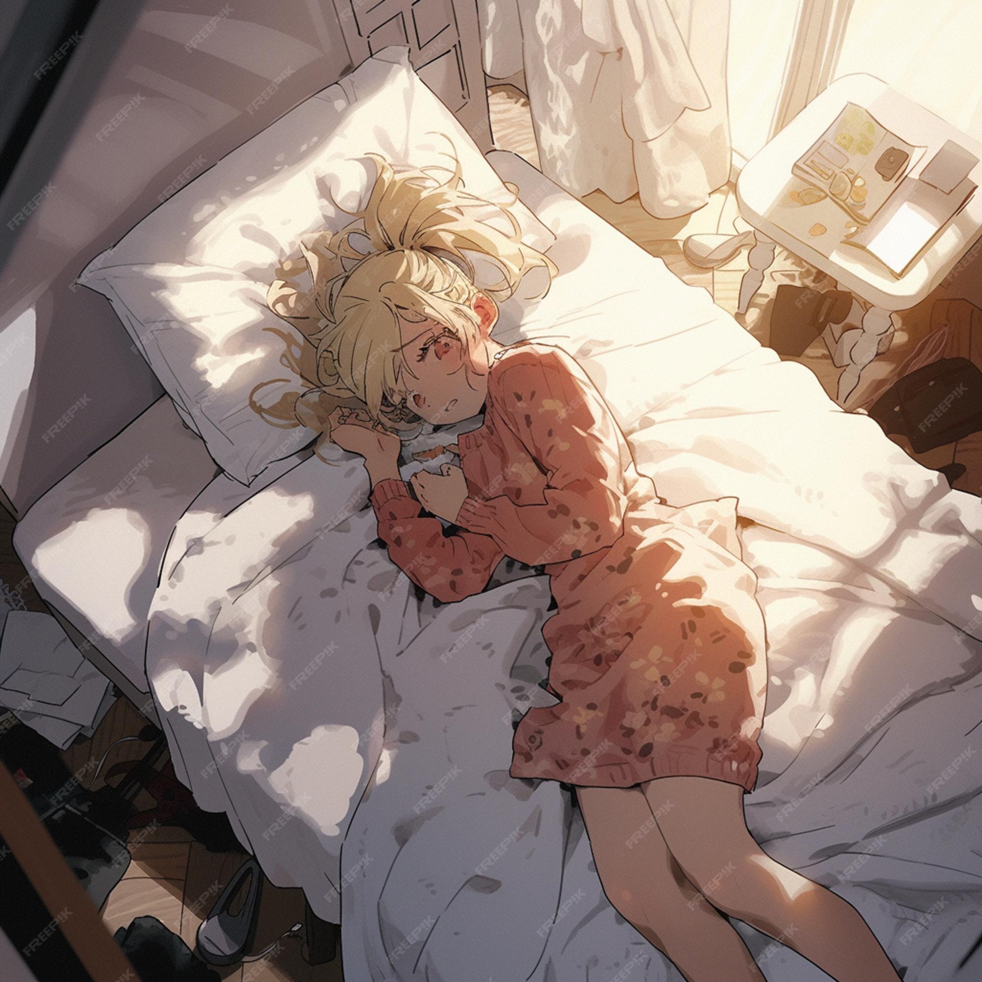 Anime Girl Laying On Bed With Her Head On The Pillow Generative Ai