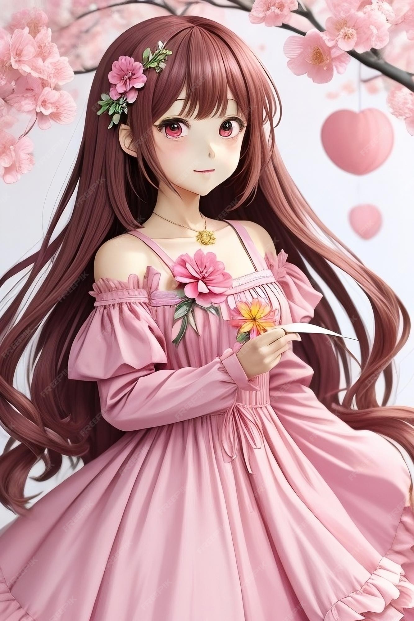 Premium Ai Image Anime Girl In A Pink Dress Looking At You