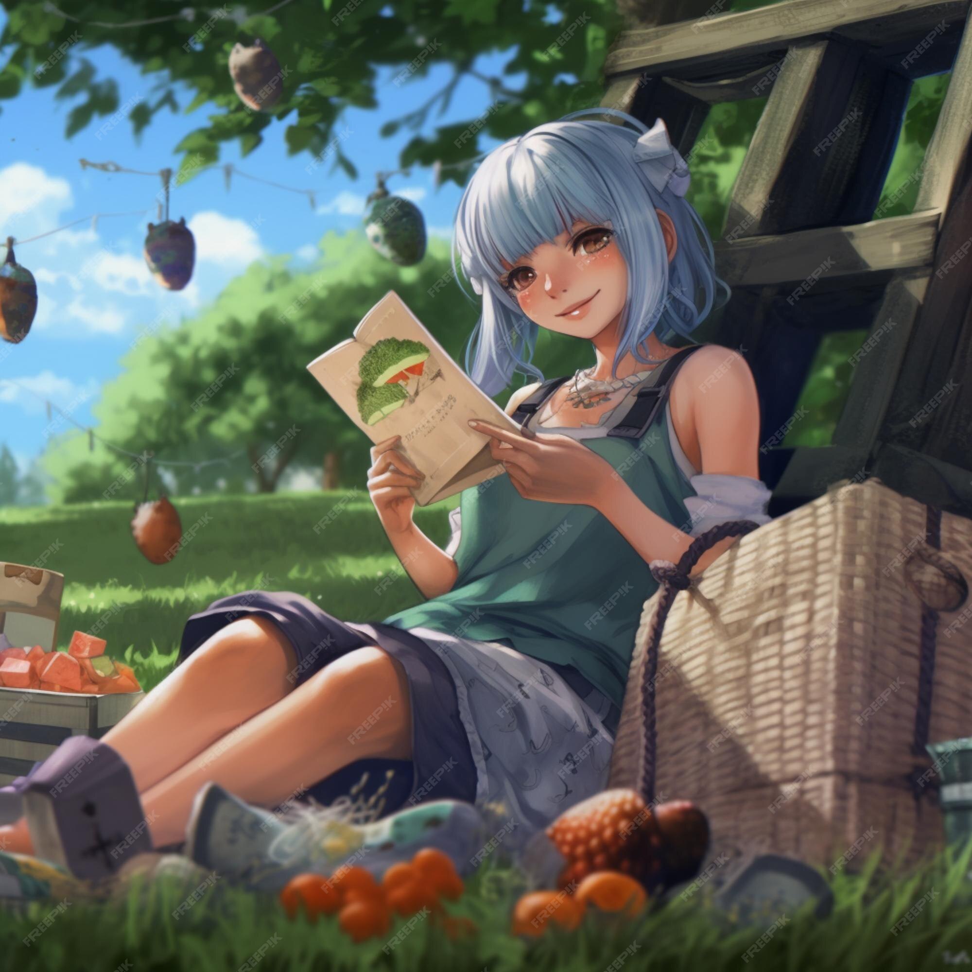 Premium Photo Anime Girl Sitting On A Bench Reading A Book In The Grass Generative Ai