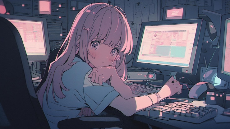 Premium Photo Anime Girl Sitting At A Desk With Two Computer Monitors Generative Ai