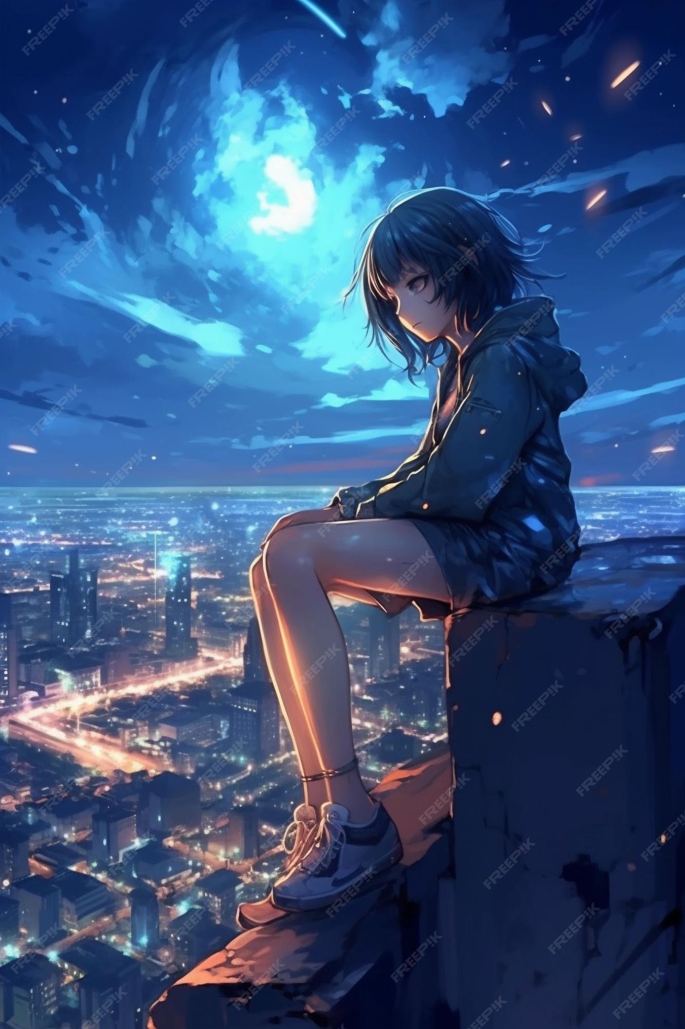 Premium Ai Image Anime Girl Sitting On A Ledge Looking At The Moon