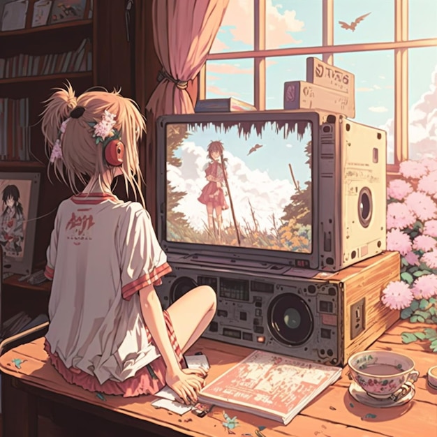 Premium Photo Anime Girl Sitting On A Table Watching A Tv With A Cat On The Screen Generative Ai