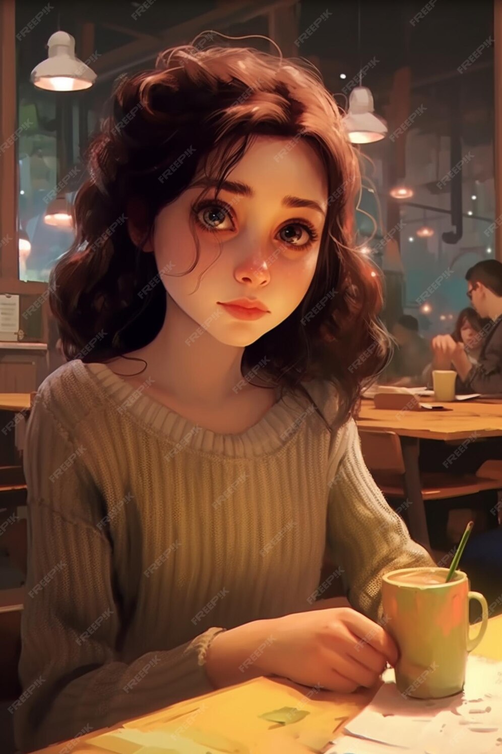 Premium Photo Anime Girl Sitting At A Table With A Cup Of Coffee Generative Ai