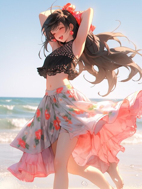 Premium Photo Anime Girl In A Skirt Dancing On The Beach With Her Arms Outstretched Generative Ai