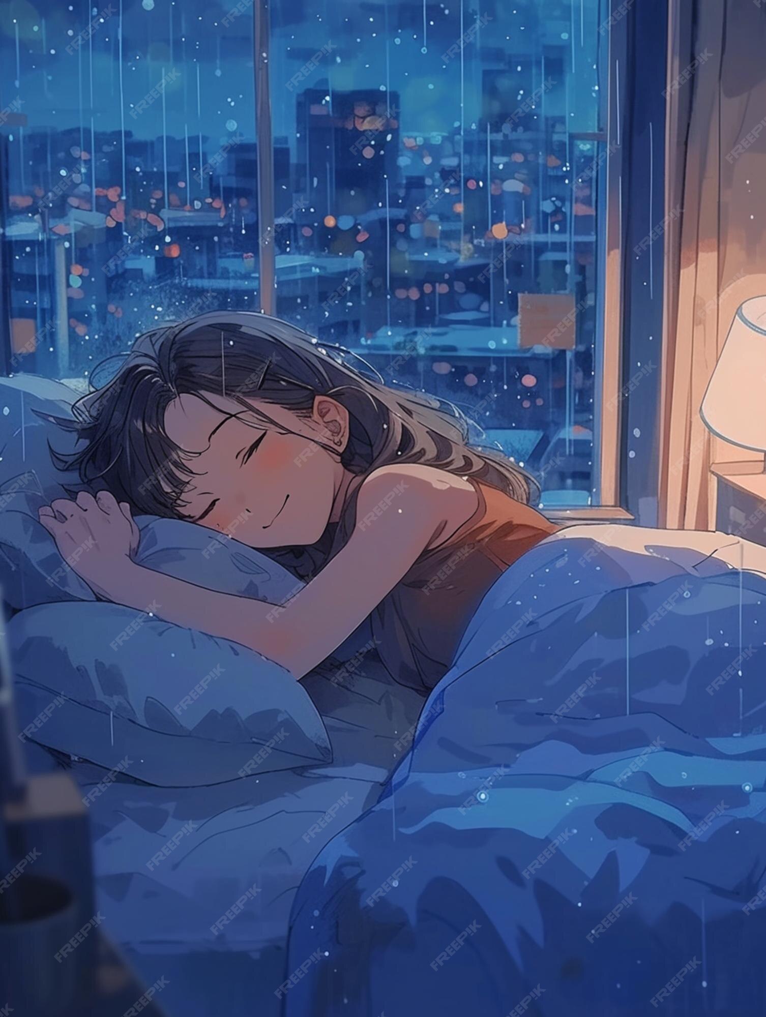 Premium Photo Anime Girl Sleeping In Bed With City View In Background Generative Ai