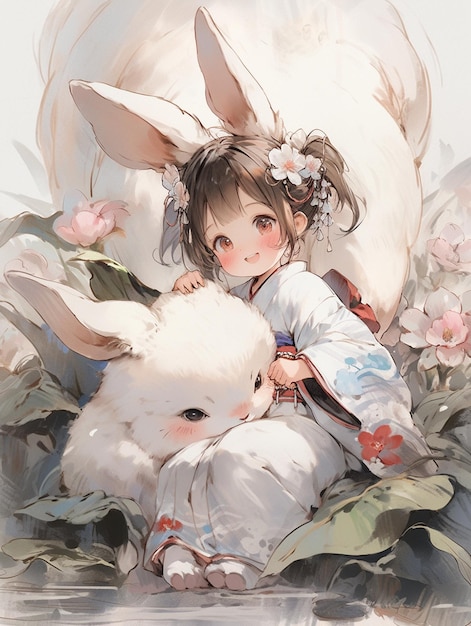 Premium Photo Anime Girl With Bunny Ears Holding A White Rabbit In A Field Generative Ai